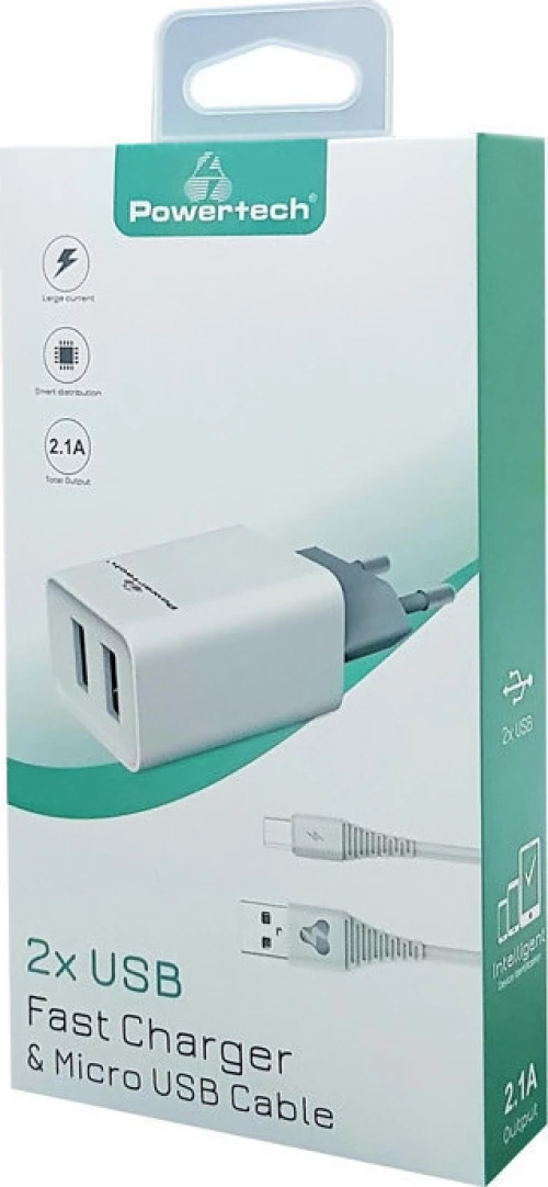 Powertech micro USB Cable & 2x USB Wall Adapter Λευκό (PT-775) • Find.gr
